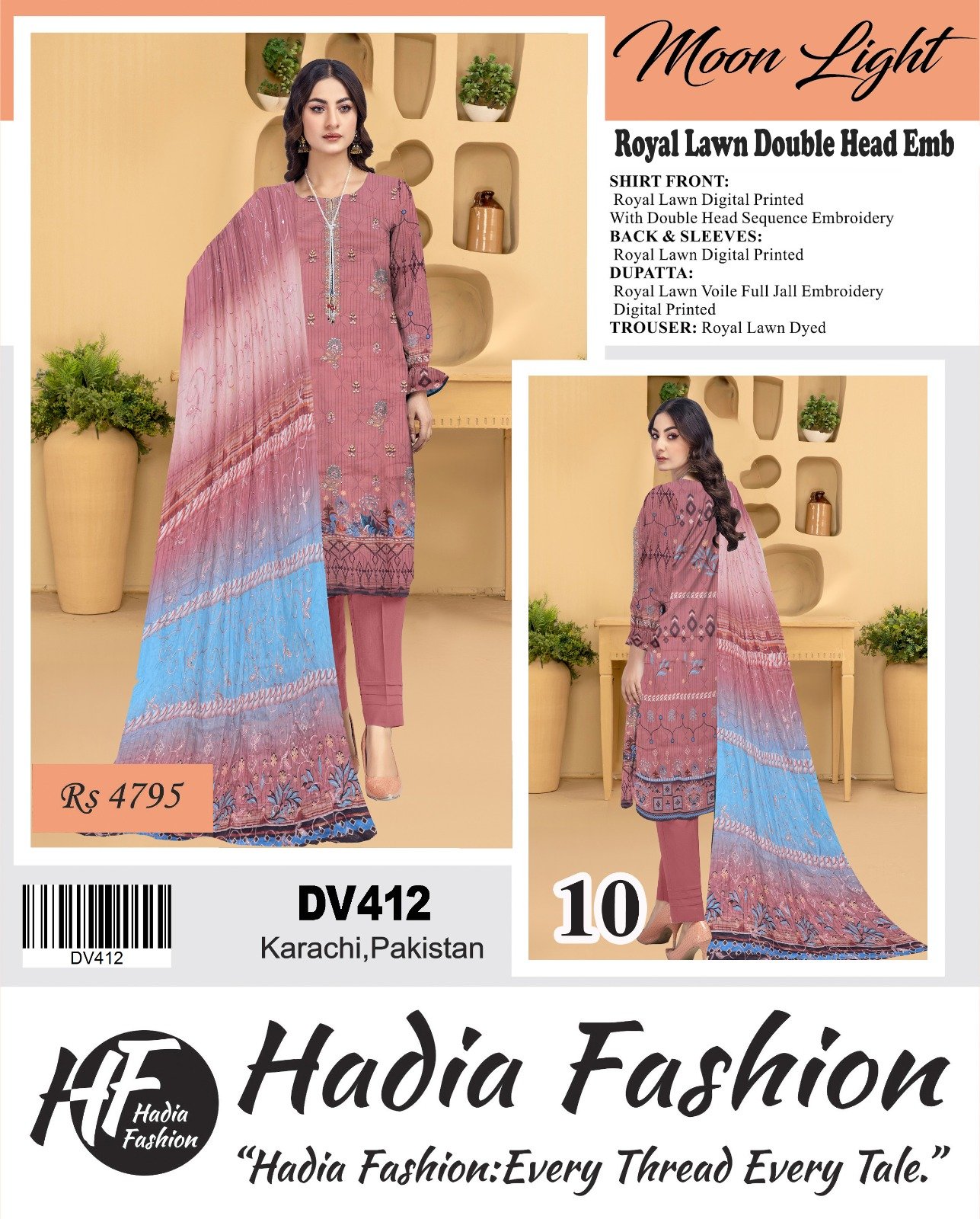 "Moon Light" Royal Lawn Double Head Seq Emb With Royal Lawn Voile Full ...